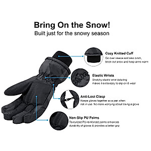 Simplicity Kids Boys Thinsulate Lined Waterproof Ski Winter Gloves, Black, L(10-12 Years)