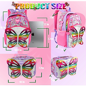 LSSAGOON Butterfly Wings Sequins Backpack with Lunch Bag for Girls Kids Teenage,Lightweight School Bag Set for Elementary Preschool Bookbag, Casual Rucksack for Travel Gift