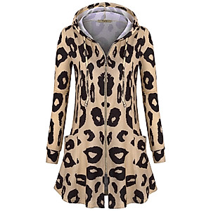Miusey Leopard Sweatshirt, Misses Unique Long Hoodies with Double Pockets Nice Lightweight Zipper Jacket Pretty Tunics Cool Modern Animal Party Club Bar Disco Wear Leopard S
