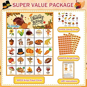 VESPRO 46PCS Thanksgiving Bingo Game Cards for 30 Players Thanksgiving Day Party Games Fall Bingo for Kids Party Classroom Activities