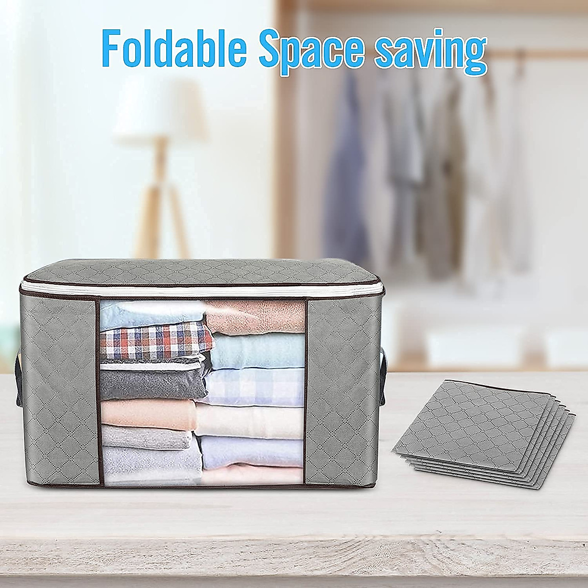 Txtsegose Large Capacity Clothes Storage Bag,Capacity Storage Bins with Clear Window, Closet Organizer with Reinforced Handle, Storage Containers Foldable with Sturdy Zipper, 3 Pack, (Gray).