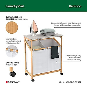ClosetMaid Bamboo Laundry Hamper Cart with Ironing Board Folding Station, Dual Compartments with Divider, Portable Laundry Sorter, Natural Finish