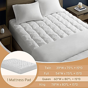Intelligent Design Twin Mattress Pad, Overfilled High Density Down Alternative Fill, Extra Fluffy 3D Puff Mattress Topper Soft Microfiber Mattress Cover, Fitted Pocket Fits Up to 18", Queen, White