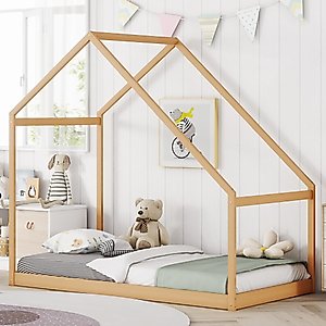 Merax Twin Bed Frames with Roof for Kids Girls Boys, Montessori Wooden House Shaped, Sturdy Framework, Easy Assembly, No Noise