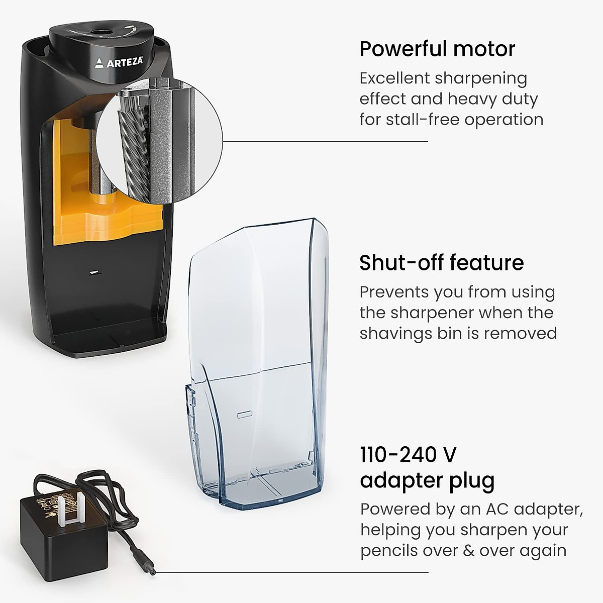 Arteza Electric Pencil Sharpener, Black, Fits 7–11-mm Pencils, Auto-Stop, Office Supplies for Teachers, Students, Classrooms, and Art Studios