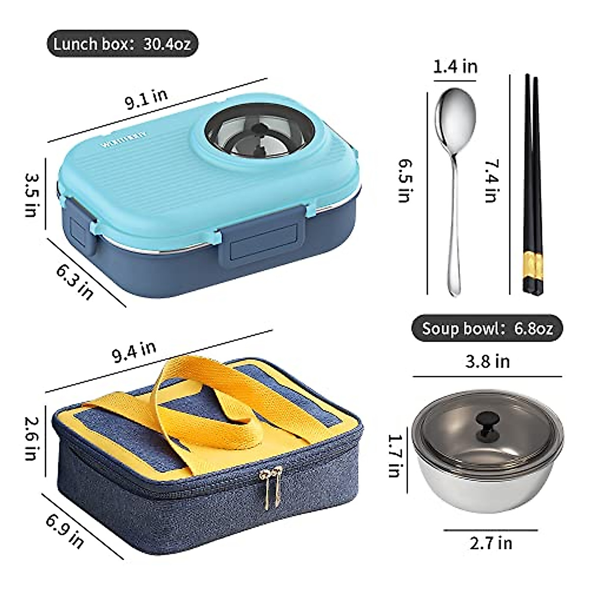 VANDHOME Bento Lunch Box Stainless Steel with Utennsil & Bag - 3 Compartment 37oz Compact Lunch Containers, BPA-Free, Dishwasher Freezer Safe - Blue