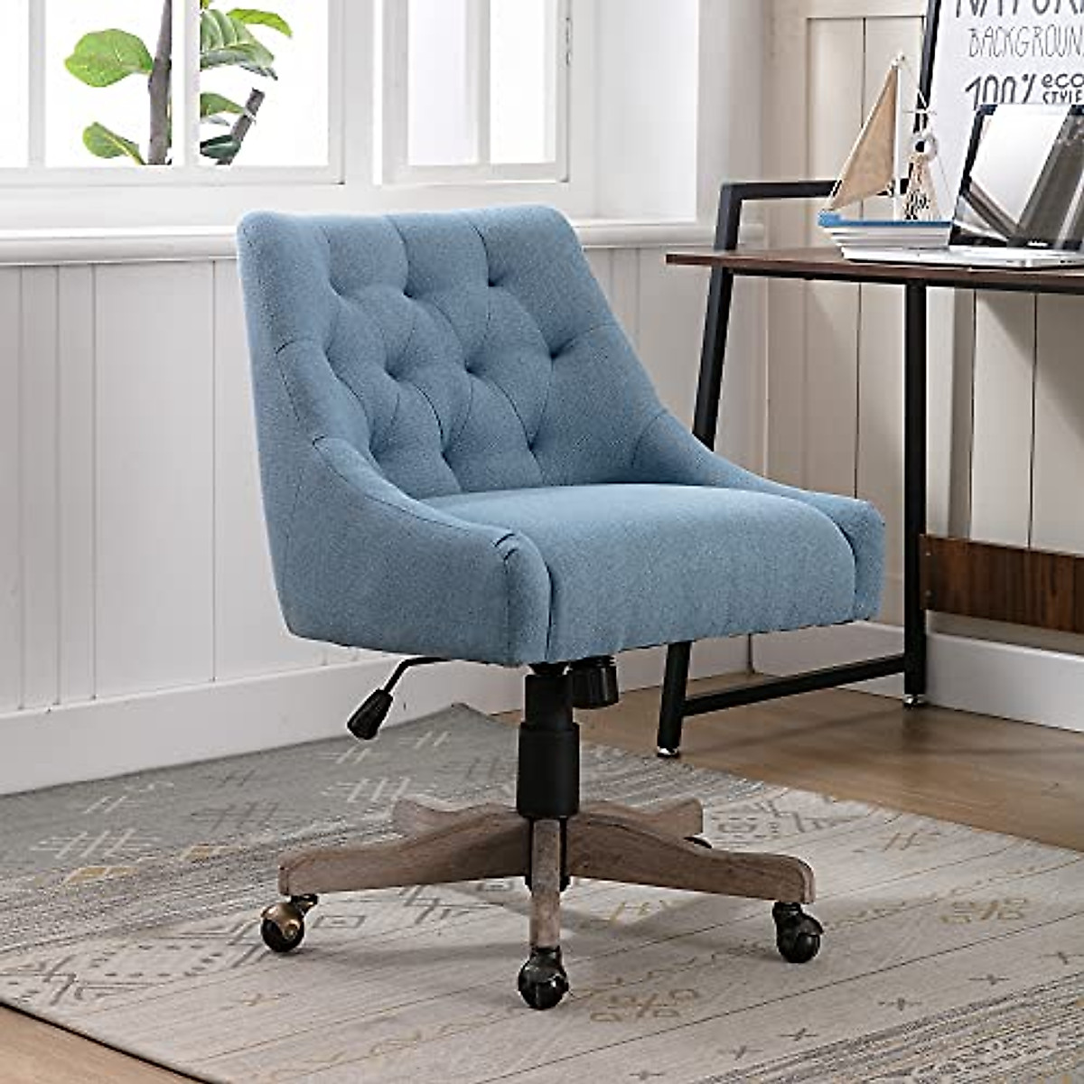 HomSof Modern Mid-Back Desk, Adjustable Height Swivel Home Office, Accent Chair with Wheels and Wood Base, Linen, Blue