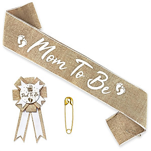 Mom to Be Sash Baby Shower Decorations Neutral Burlap Sashes Dad to Be Pin - Rustic Baby Shower Corsage Mom and Dad to Be Sash for Baby Shower - Mother to Be Sash Neutral Gender Reveal