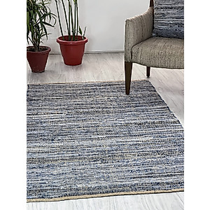 Chardin home Farmhouse Rag Rug 4x6 feet Denim Blue | Cotton & Jute Hand Woven Chindi Rug, Long Boho Rug | Perfect for Hallways, Kitchens, Bathroom, bedrooms | Shades of Blue