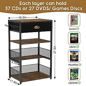 Hongtamoya 4-Tier AV Media Stand with Drawer, Video Game Console Shelf with 2 Hooks, Audio Rack Tower Perfect for/Xbox/ PS5/Switch/Game Consoles/DVD/Record Player/Projector/Sky Box/TV Accessories