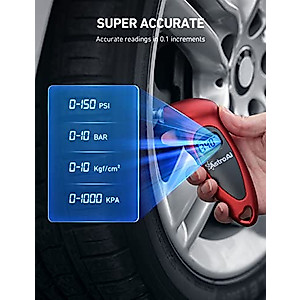 AstroAI Digital Tire Pressure Gauge 150 PSI 4 Settings for Car Truck Bicycle with Backlit LCD and Non-Slip Grip Car Accessories, Red (1 Pack)