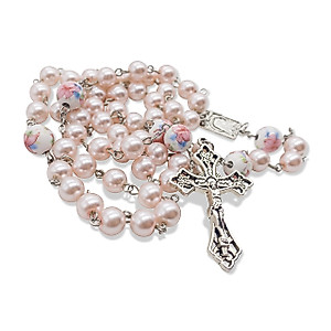 Nazareth Store Pink Pearl Beads Rosary White Flowers Beaded Necklace Lourdes Medal & Cross Crucifix