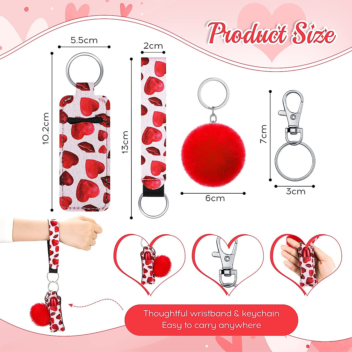 Junkin 40 Pcs Lipstick Holder Keychain Lip Holder Keychain Clip on Lipstick Pouch Fluffy Ball Keychain with Keyring (Heart Style)