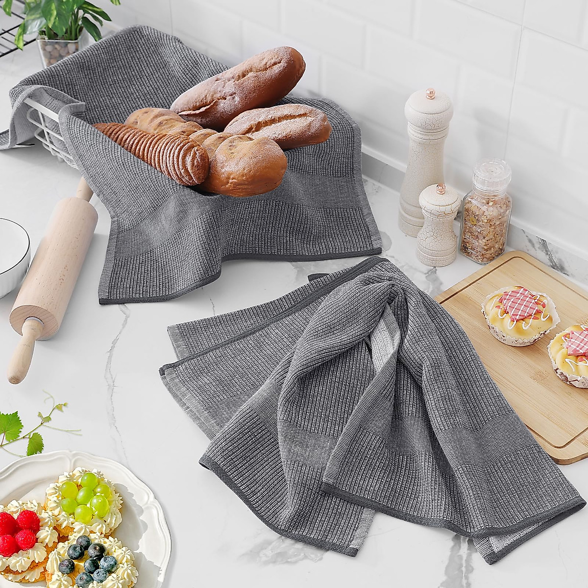 Homaxy Premium Kitchen Towels(18”x 28”, 6 Pack), Large Cotton Kitchen Hand Towels, Flat and Terry Dish Towels, 380 GSM Highly Absorbent Tea Towels Set with Hanging Loop, Grey