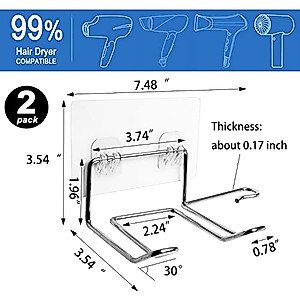 CenterZ 2 Pack Hair Dryer Holder, Self Adhesive Wall Mount Waterproof Blow Dryer Rack Storage Organizer Hanger, Compatible with Dyson and Most Hair Dryers Appliance, Brush, Curling Iron, Straightener