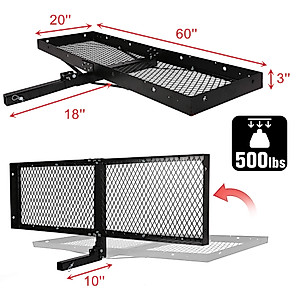 LUCKYERMORE 60x20x3 Heavy-Duty Tray Hitch Cargo Carrier with Cargo Net, 500lbs Capacity, Foldable Design, Easy Assembly, Universal Fit for SUVs, Trucks