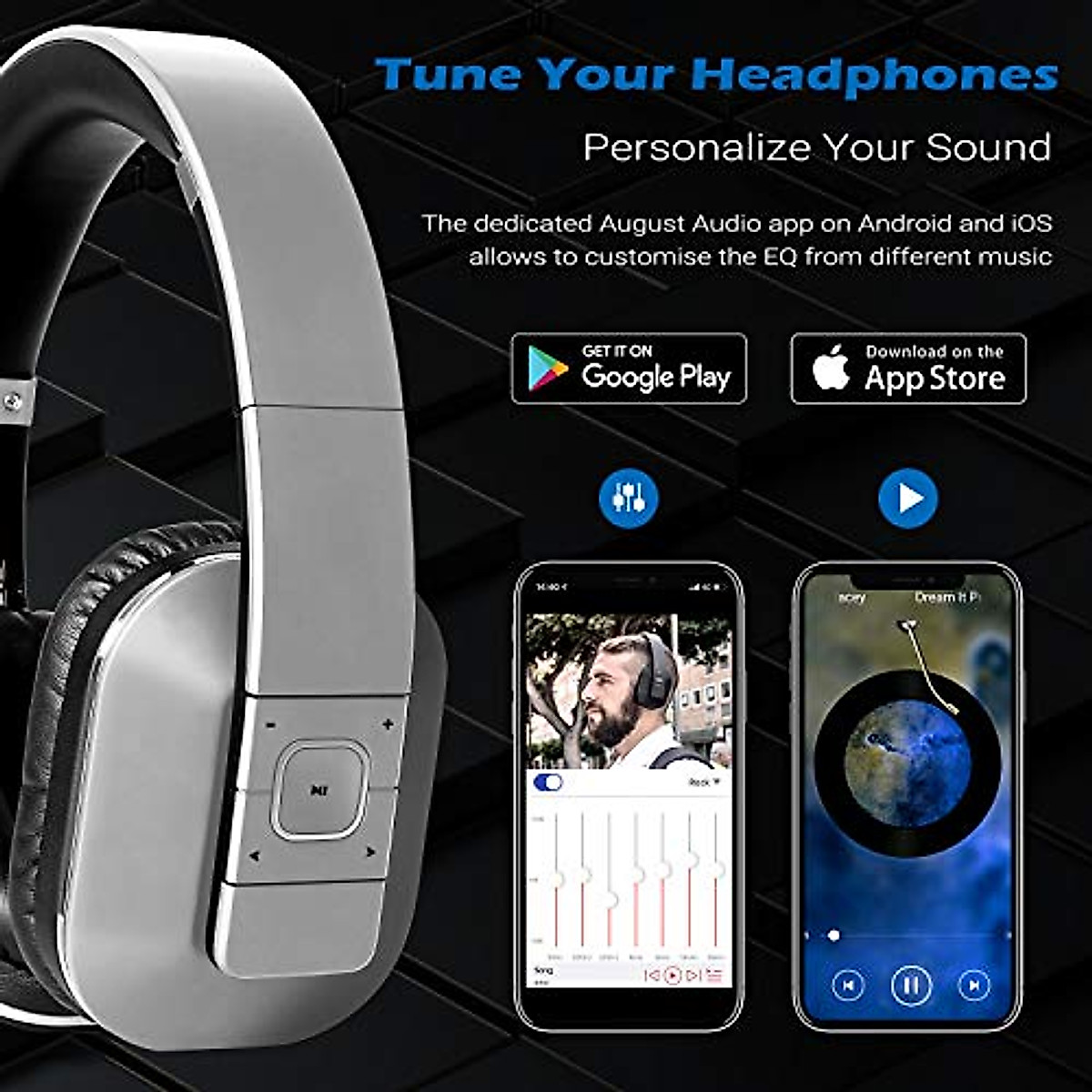 August EP650 Bluetooth Wireless Over Ear Headphones with aptX LL Low Latency/Multipoint/NFC / 3.5mm Audio in/Headset Microphone - Silver