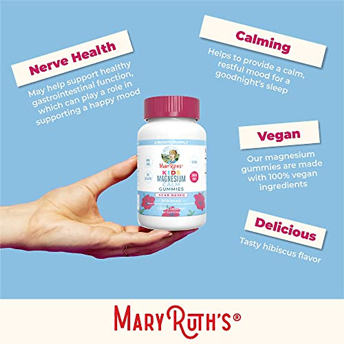 Kids Magnesium Citrate Gummies by MaryRuth's | 2 Month Supply | Sugar Free | Magnesium Supplement | Calm Magnesium Gummies for Kids 2+ | Bone, Nerve, Gut Health | Vegan | Non-GMO | 60 Count