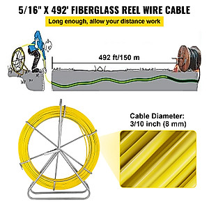 VEVOR Fish Tape Fiberglass 8MM 492FT Duct Rodder Fish Tape Continuous Fiberglass Tape Wire Cable Running with Cage and Wheel Stand