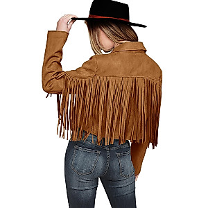PRETTYGARDEN Women's Fringe Faux Suede Leather Jackets 2024 Fashion Tassel Motorcycle Cropped Coats (Brown Yellow,Large)