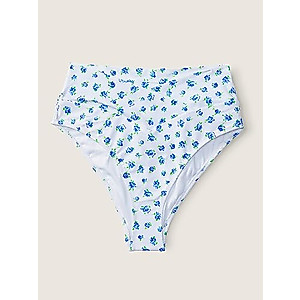 Victoria's Secret Pink V Crossover High Waisted Bikini Bottom, Swimsuit for Women, Moderate Coverage Bathing Suit Bottoms for Women, Morning Sky Floral (M)
