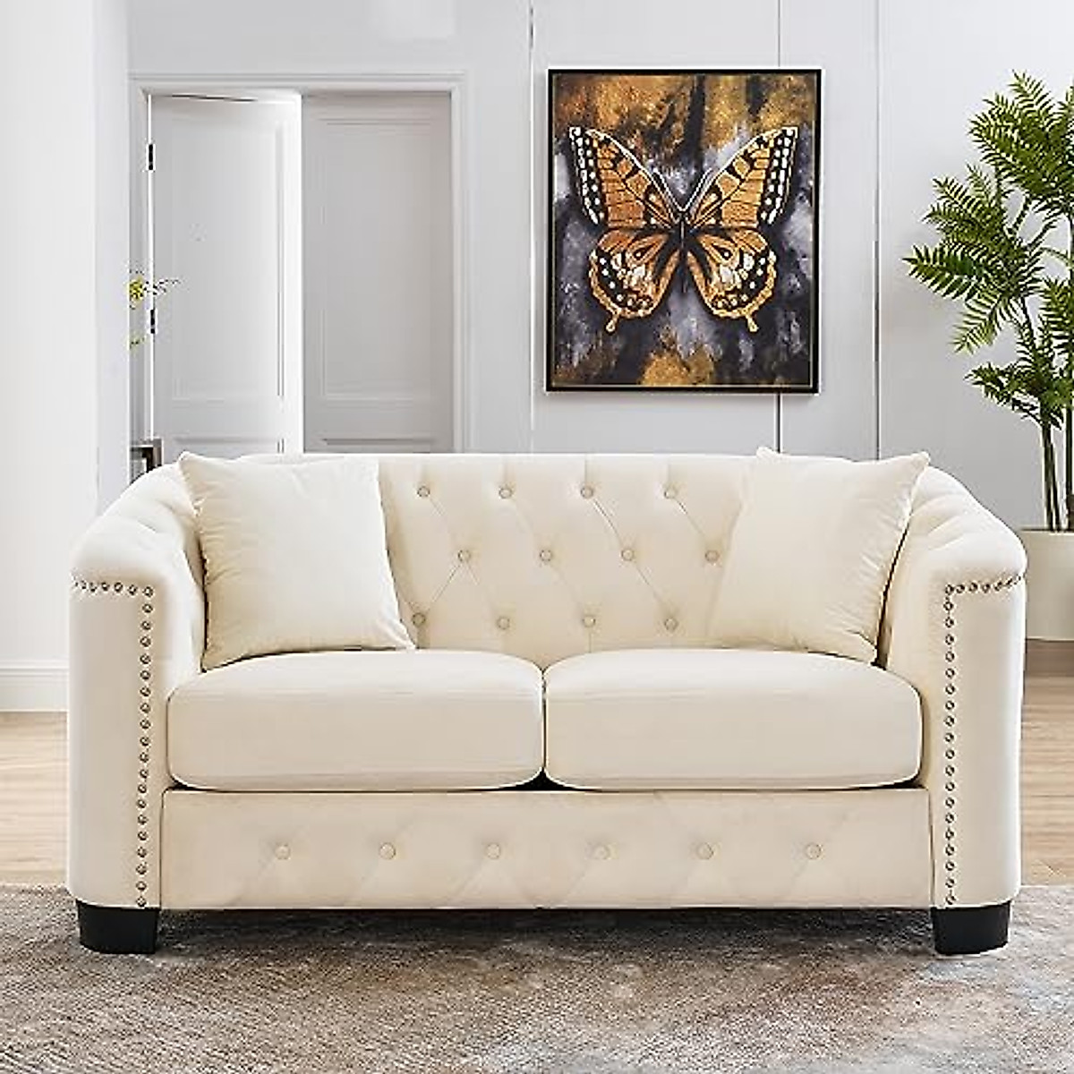EMKK Modern Chesterfield Velvet Sofa 2-Seater Couches Upholstered Tufted Backrests with Nailhead Arms Loveseat and 2 Cushions for Living Room, Apartment, Office,Bedroom Mid Century, F-Beige
