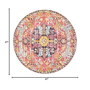 Lahome Bohemian Floral Medallion Round Rug - 4Ft Hot Pink Soft Round Area Rug Bedroom Kitchen Mat, Turkish Washable Indoor Floor Accent Bathroom Carpet for Nursery Living Room Home Office Hallway