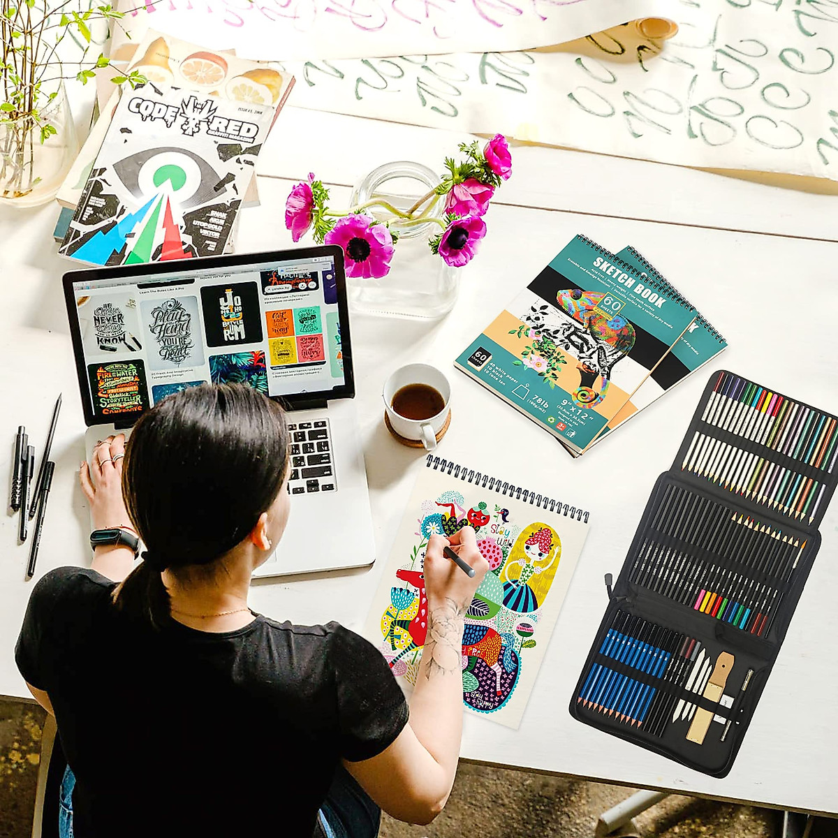 Kalour 76 Drawing Sketching Kit Set - Pro Art Supplies with Sketchbook & Watercolor Paper - Include Watercolor,Graphite,Colored,Metallic,Pastel,Charcoal Pencil - for Artists Beginners Adults Teens