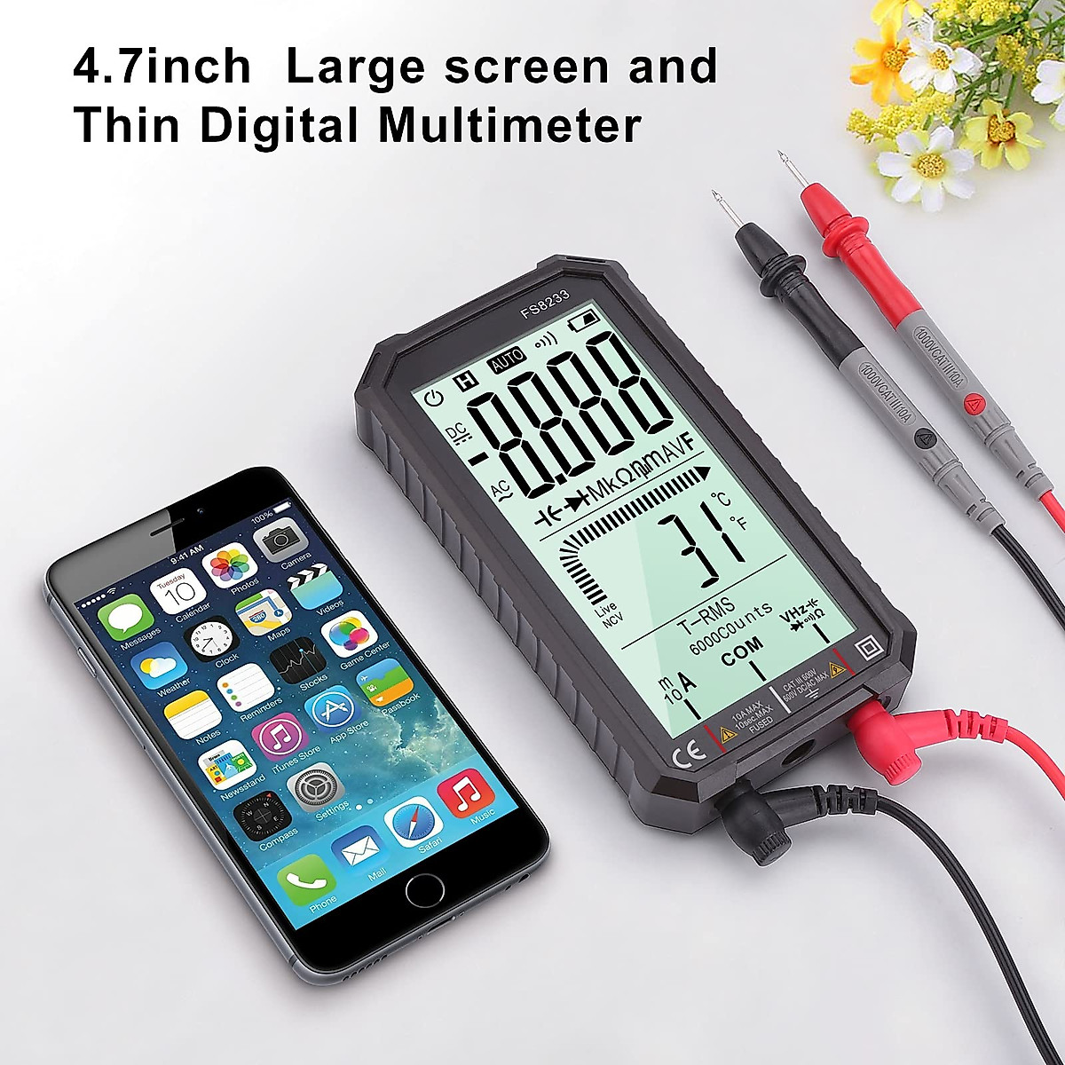 BlumWay 4.7 Inch LCD Digital Multimeter TRMS 6000 Counts Voltmeter Auto-Ranging Fast Measures Voltage Current Amp Resistance Diodes Continuity Duty-Cycle Capacitance Temperature for Automotive