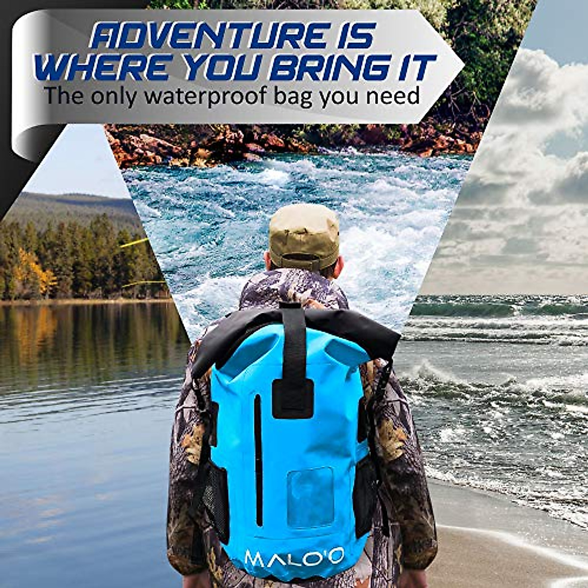 Malo’o Waterproof Heavy Duty Backpack - 30L - Roll-Top Dry Bag - Beach Bag - Backpacking Bag - Fishing Bag-Kayaking Bag