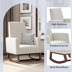 BELLEZE Modern Rocking Chair, Nursery Glider Rocker with Comfortable Padded Seat Solid Wood Base, Fabric Upholstery Arm Chair for Living Room Bedroom Baby Room - Felix (White)