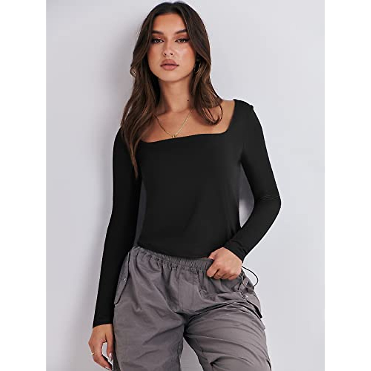 ANRABESS Crop Top for Women Long Sleeve Corset Workout Tees Basic T-Shirt Square Neck Fitted Sexy Going Out Shirt Tops Y2K Clothes 1040heise-M Black