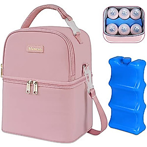 Mancro Breastmilk Cooler Bag with Ice Pack, Insulated Baby Bottle Bag Fits 6 Baby Bottles Up to 9 Ounce, Double Layer Bottle Bag for Daycare, Breast Milk Cooler Travel Bag for Nursing Mom, Pink