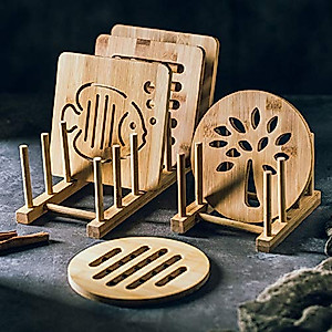 Hovico2 Pcs Bamboo Dish Rack, Kitchen Drawer Organizer, 8-Slots Bamboo Wooden Dish Rack, Book Pot Lid Cutting Board Drying Rack Stand Drainer Storage Holder Organizer