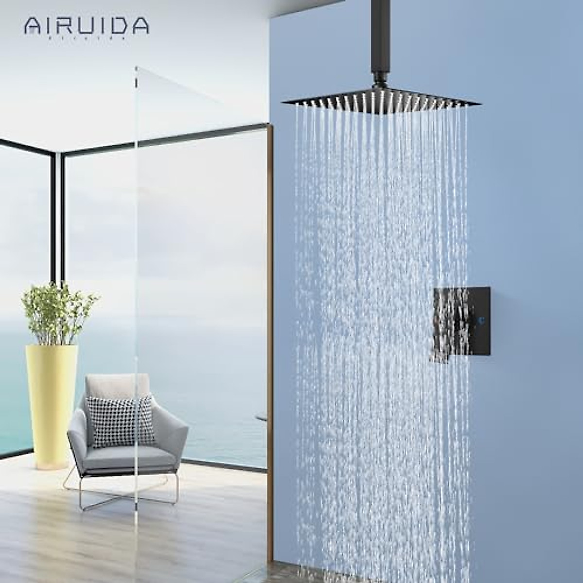 Airuida Matte Black Shower Faucet Set 12 Inch Square Shower Head and Handle Set Single Function Shower Trim Kit Ceiling Mount Bathroom with Male Threads and Rough-in Valve