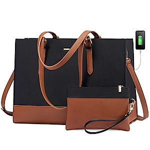LOVEVOOK Laptop Bag for Women, Fashion Tote Bag, Large Capacity Computer bag, Vegan Leather Work Handbag, Messenger Bag Purse Set, Business Office Briefcase Fit 15.6 Inch Laptop, Black