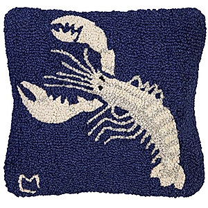 Chandler 4 Corners Artist-Designed White Lobster on Navy Hand-Hooked Wool Decorative Throw Pillow (14” x 14”)