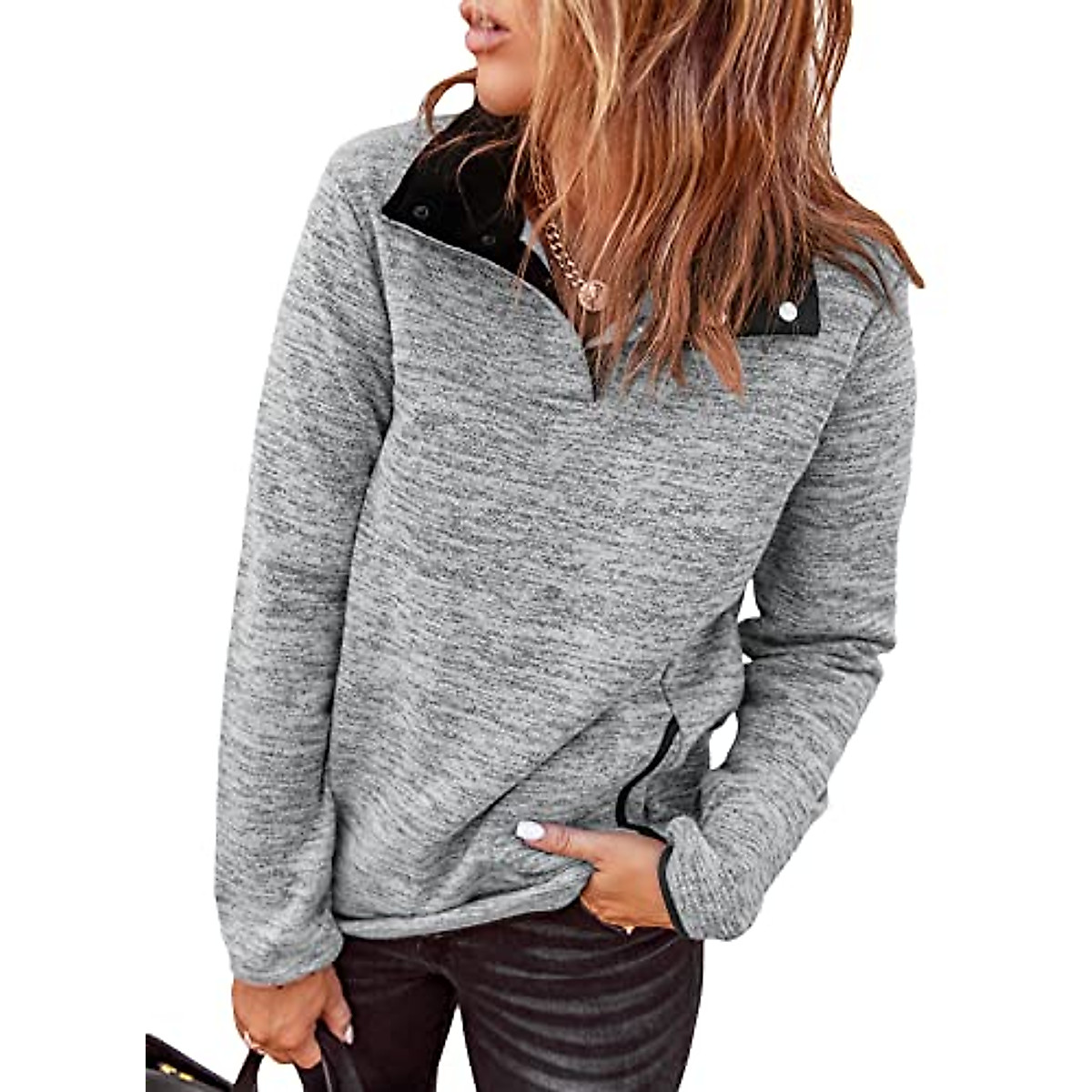 Diukia Sweatshirts Pullover Tops Womens 2022 Fall Cute Lightweight 1/4 Quarter Button V Neck Color Block Stand Collar Long Sleeve Pocket Pullover Sweatshirt for Ladies Teen Girls Juniors Gray L 12-14