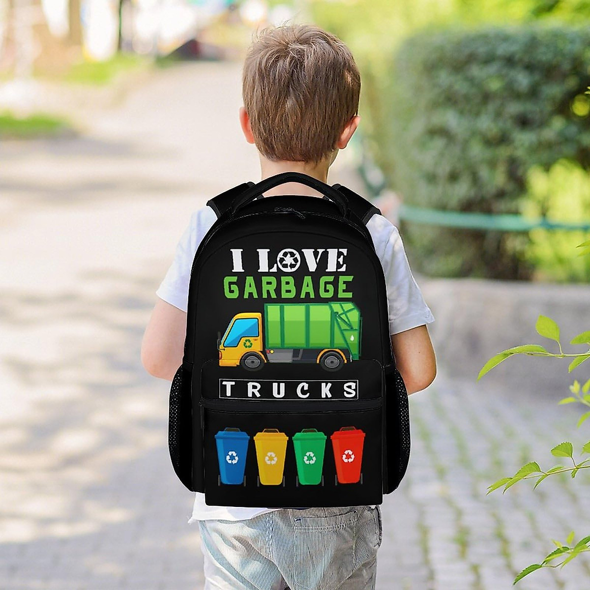 Mercuryelf I Love Garbage Trucks Backpack for Student - 16 Inch Black Backpacks for School - Cool Lightweight Bookbag for Kids