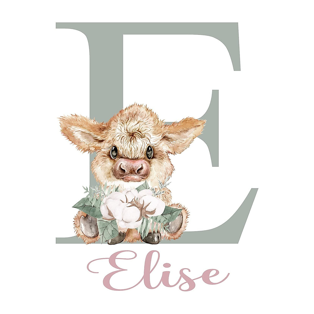 Personalized Watercolor Highland Cow Sage Green and Dusty Rose Rustic Cotton Farmhouse Baby Nursery Unframed Print