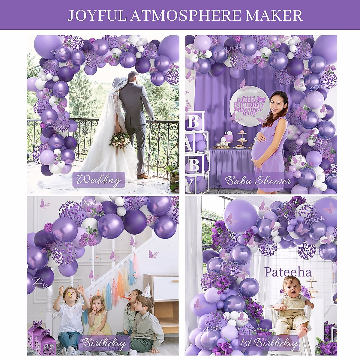 Pateeha Purple Balloon Arch Kit 145 Pcs Butterfly Baby Shower Decorations for Girl White Lavender Balloons Garland Metallic Purple Confetti Balloons for Birthday Party Decorations