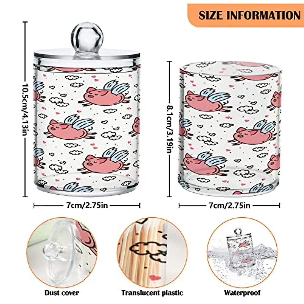 xigua 2 Pack Qtip Holder Dispenser Pink Fly Pig 10 Oz Bathroom Organizer with Lids Storage Canister for Cotton Ball,Cotton Swab,Cotton Round Pads,Floss#158