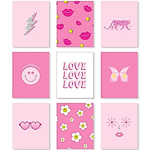 Spakon Preppy Room Decor Aesthetic Hot Pink White Wall Art for Teen Girls Bedroom Pink College Dorm Room Posters Trendy Wall Decor(UNFRAMED 8x10in)