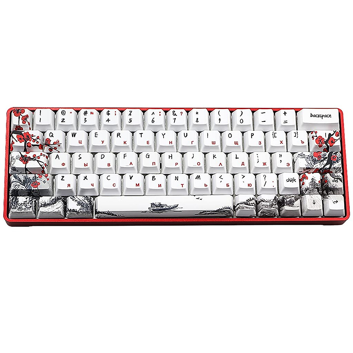 S-YUWEN 71 Keys PBT Keycaps Set - Five Sides Dye-subbed 71 Keys OEM Profile Keycaps 3 Languages for Standard Mechanical Gaming Keyboard DIY Unique Chinese Plum Blossom Theme, one size