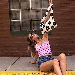 VALICLUD Fuzzy Tote Bag Hobo Bag Small Faux Fur Purse Flower Clutch Bag Furry Handbag Underarm Purse for Women