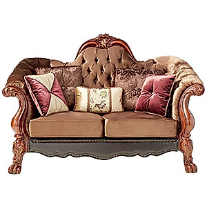 ACME Dresden Loveseat w/5 Pillows - 52096 - Golden Brown Velvet & Cherry Oak
