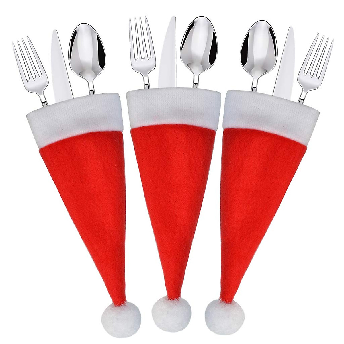 Marrywindix 50 Pieces Christmas Santa Hats Silverware Holders, Christmas Cutlery Holders for Xmas Party Dinner Utensil and Flatware Organizers Decorations Supplies