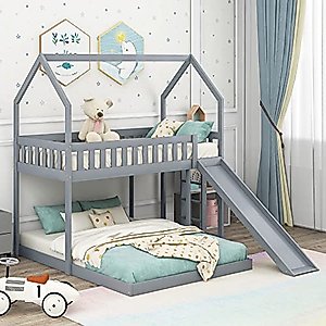 GLORHOME Twin Over Full House Bunk Bed， Detachable to Floor Bedframe and A Loftbed, with Slide, Built-in Ladder,Full-Length Guardrail for Kids Adults,Roof can be Decorated