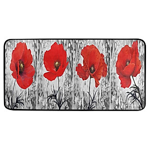 18" X 30" Oil Painting Vintage Red Poppy Kitchen Floor Mat Floral Soft Standing Mats Non Slip Kitchen Rugs Flower Bath Rug Runner Carpet for Home Decor Indoor Outdoor