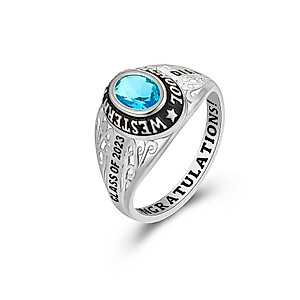 PJM Customized Sterling Silver Women’s (Ladies) High School or College Class Ring – Filigree Collection – Fully Personalized - Mementos Jewelry (Sterling Silver Platinum)